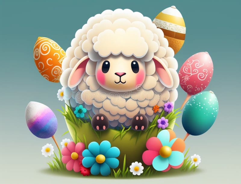 Cute Easter Sheep with Easter Eggs, and Pink and Blue Flowers Stock ...