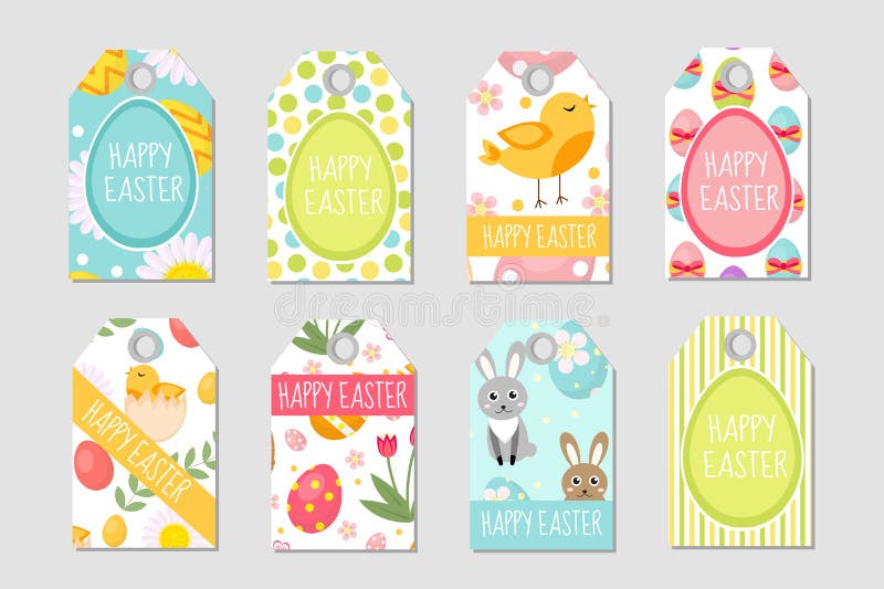 Cute Easter Tags Set. Labels Collection with Rabbit, Eggs and Flowers ...