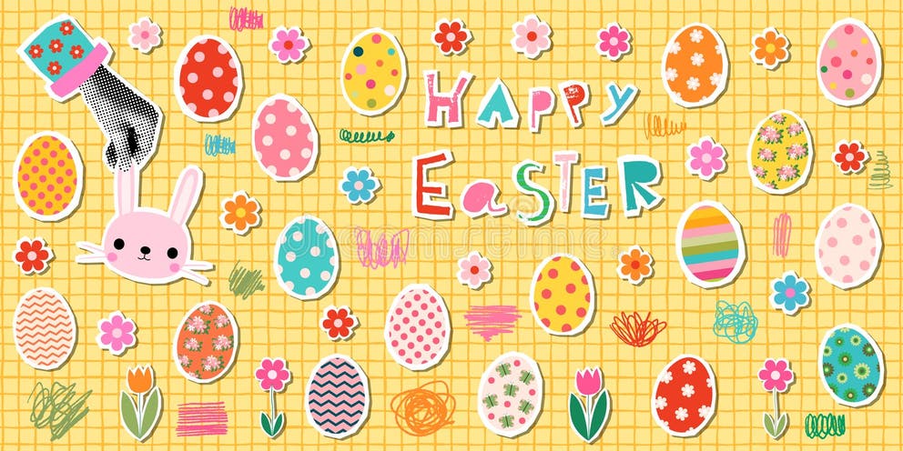 Cute Easter Vector Background Collage Sticker Set with Easter Eggs ...