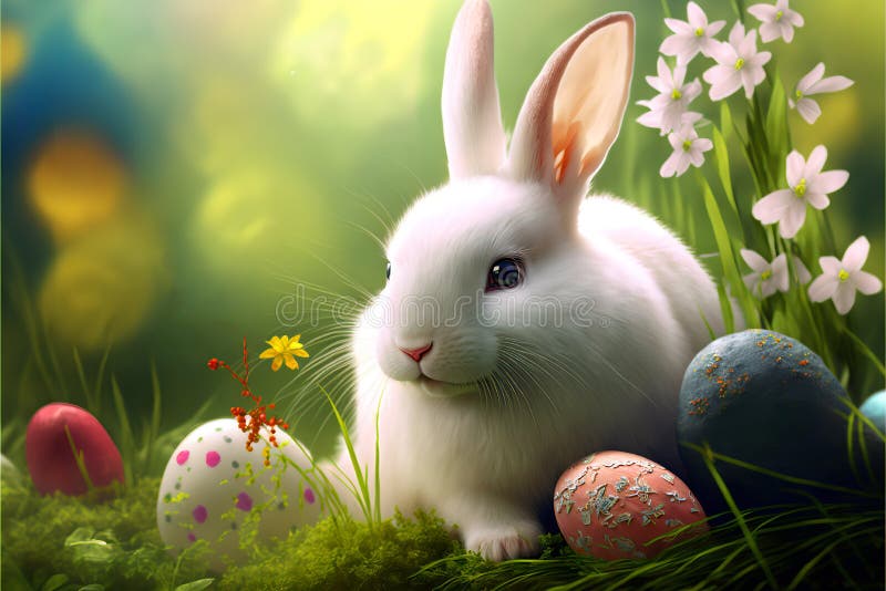 Cute Easter White Bunny on a Spring Background and Painted Eggs with ...