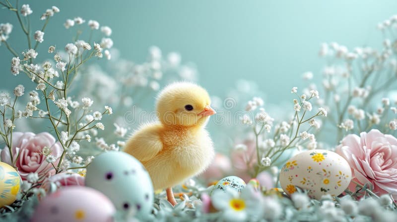 Cute Easter Yellow Fluffy Chick Surrounded by an Array of Beautiful ...