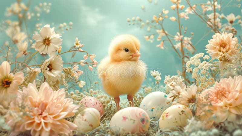 Cute Easter Yellow Fluffy Chick Surrounded by an Array of Beautiful ...