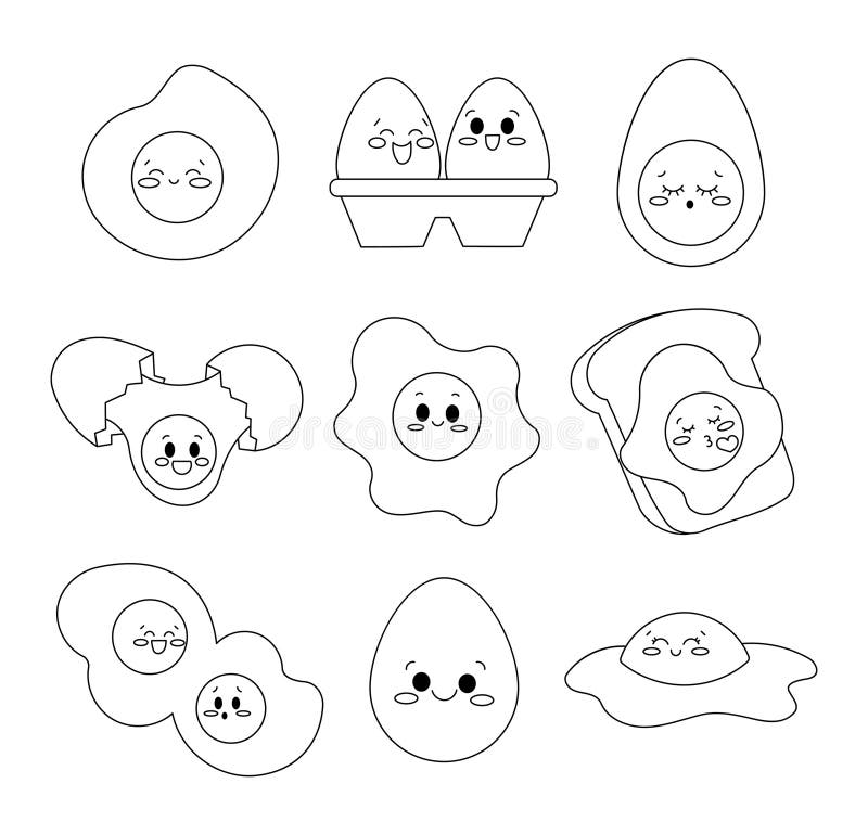 Kawaii Boiled Egg with Funny Faces. Coloring Page Stock Illustration ...