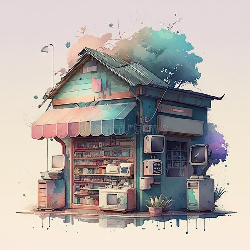 Cute Electronics Store, AI Generative Watercolor Illustration Stock ...