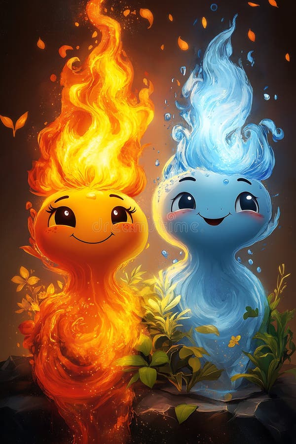 Cute Elemental Characters Representing Fire and Water Joyfully ...