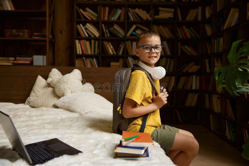 Cute Elementary School Boy Student Prepared for Offline Education Stock ...