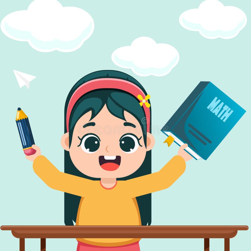 Cute Elementary School Girl Learning in the Class with Pencil and Math ...