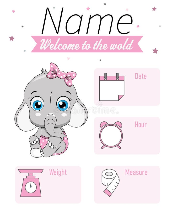 Cute Elephant. Baby Birth Print. Baby Data Template at Birth. Stock ...
