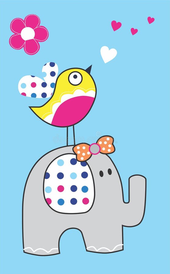 Cute Elephant with Bird Print Vector Art Stock Vector - Illustration of ...