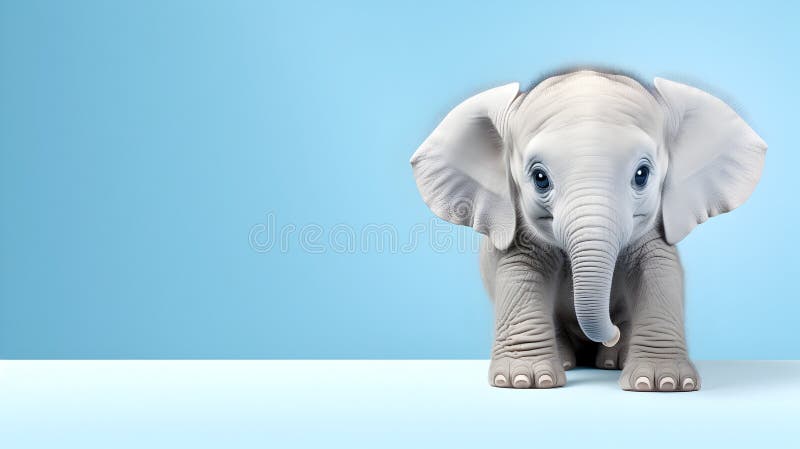 Cute Elephant Calf Sitting on Solid Blue Background with Copy Space ...