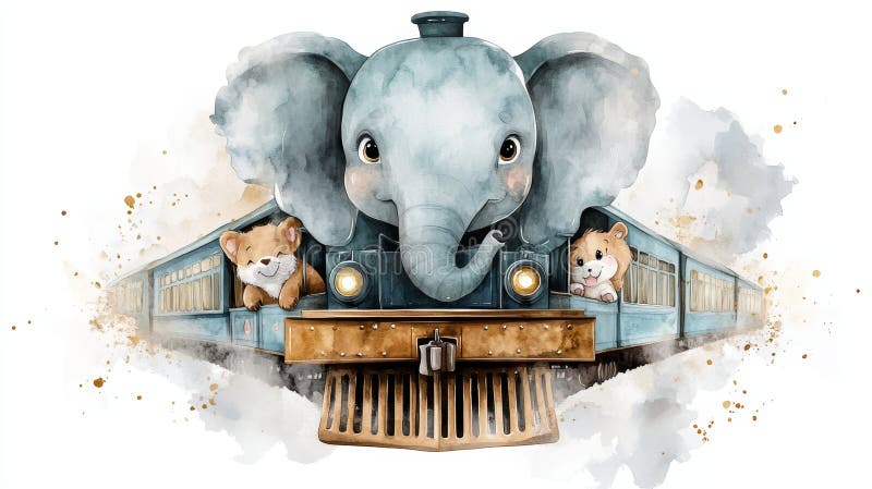Cute Elephant and Cat Ride a Train with Smoke and Watercolor Effect ...