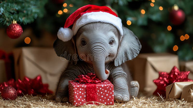 Cute Elephant with Christmas Hat and Present, Festive Atmosphere Stock ...