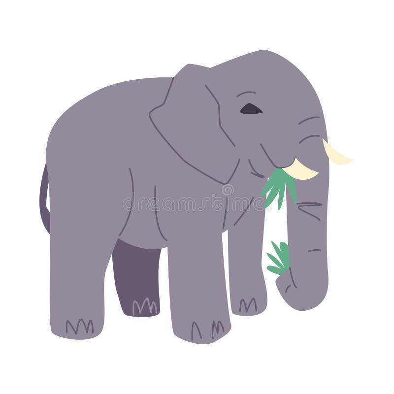 Cute Elephant is Eating Grass in Cartoon Style. Side View. Flat Vector ...