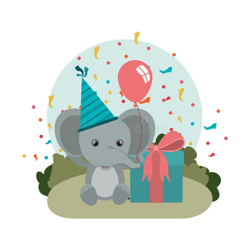 Cute Elephant with Gift Box in Landscape Stock Vector - Illustration of ...