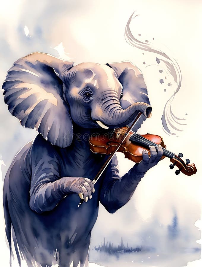 A Cute Elephant Plays the Violin in a Misty Landscape Stock ...
