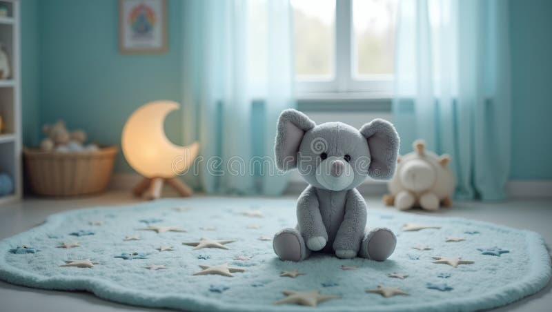 Cute Elephant Plush on Starry Rug in Cozy Nursery with Moon Lamp Stock ...