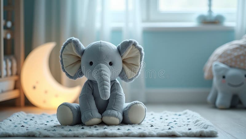 Cute Elephant Plush on Starry Rug in Cozy Nursery with Moon Lamp Stock ...
