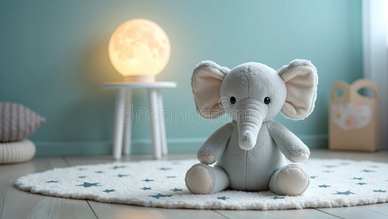 Cute Elephant Plush on Starry Rug in Cozy Nursery with Moon Lamp Stock ...
