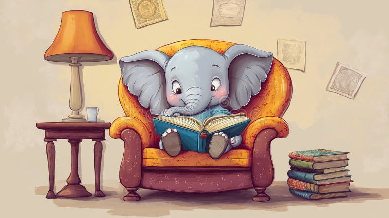 Cute Elephant Reading a Book in an Armchair Stock Illustration ...
