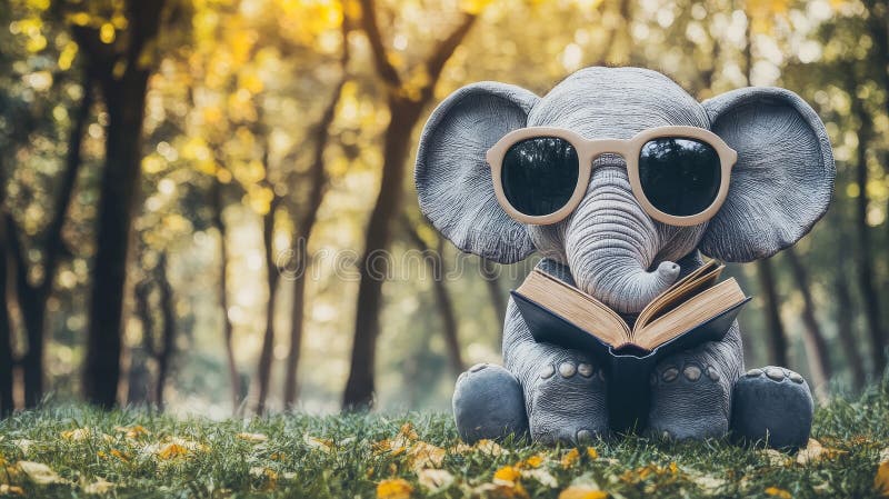 Cute Elephant Reading Book in Sunglasses at Autumn Park Stock Photo ...