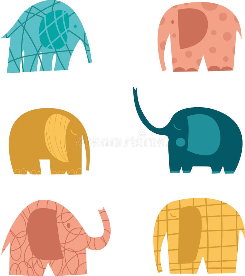 Cute Elephant Vector Set. Colorful Vector Patterned Elephants Stock ...