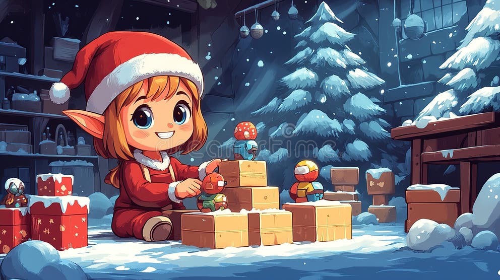 Cute Elf Child Playing with Presents in a Snowy Workshop Stock ...
