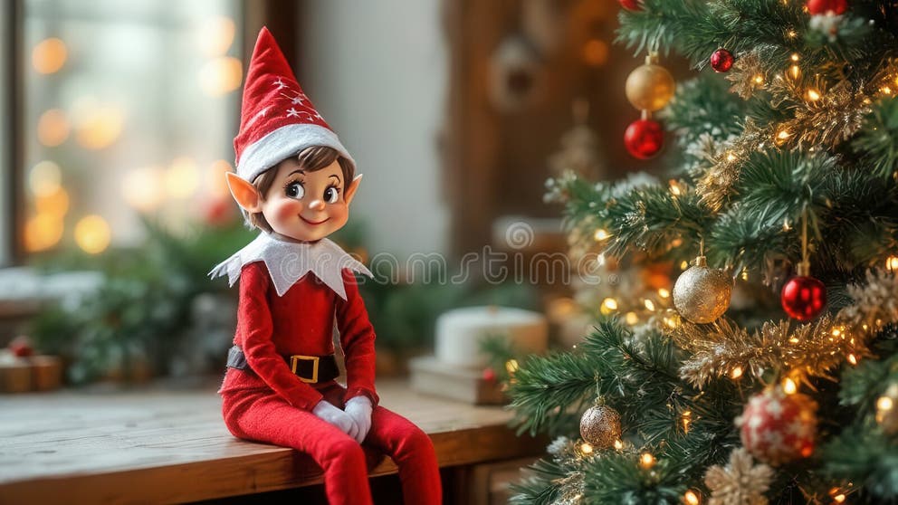Cute Elf with Christmas Tree and Copy Space Stock Illustration ...