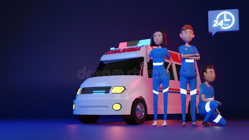 Cute Emergency Team Character and Ambulance always Ready., 3D Rendering ...