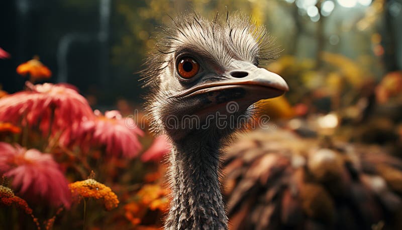 Cute Emu Looking at Camera, Feathers Vibrant Against Yellow Grass ...