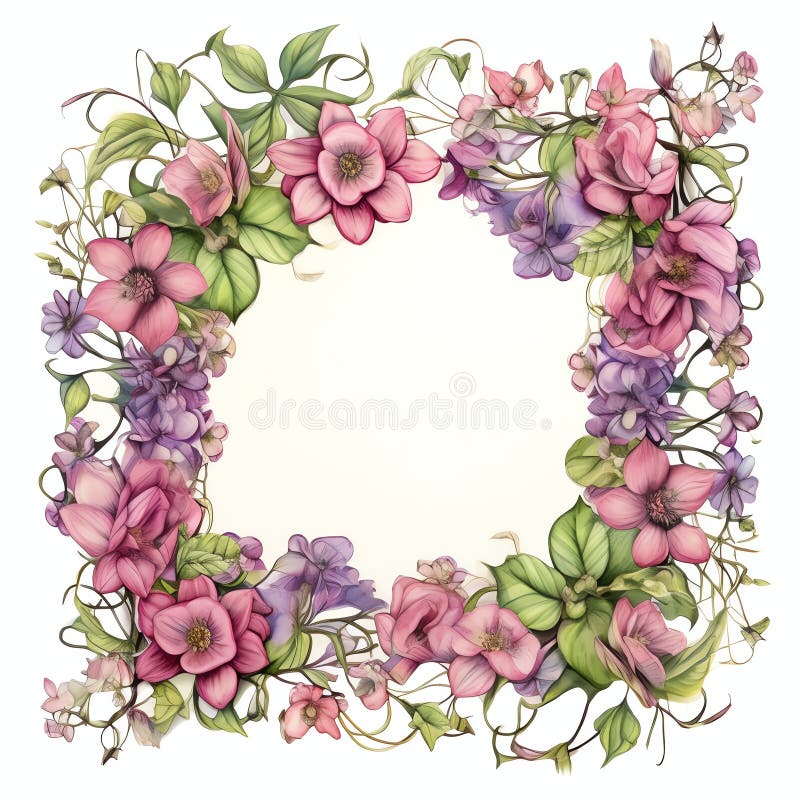 Cute Enchanted Vines Floral Frame Watercolor Stock Illustration ...