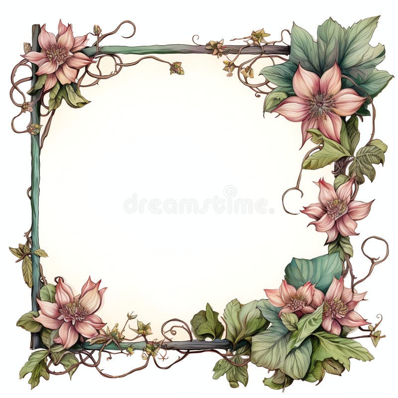 Cute Enchanted Vines Floral Frame Watercolor Stock Illustration ...