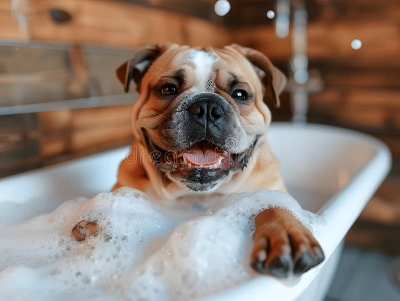 A Cute English Bulldog Dog is Bathing in a Bubble Bath. AI Generated ...