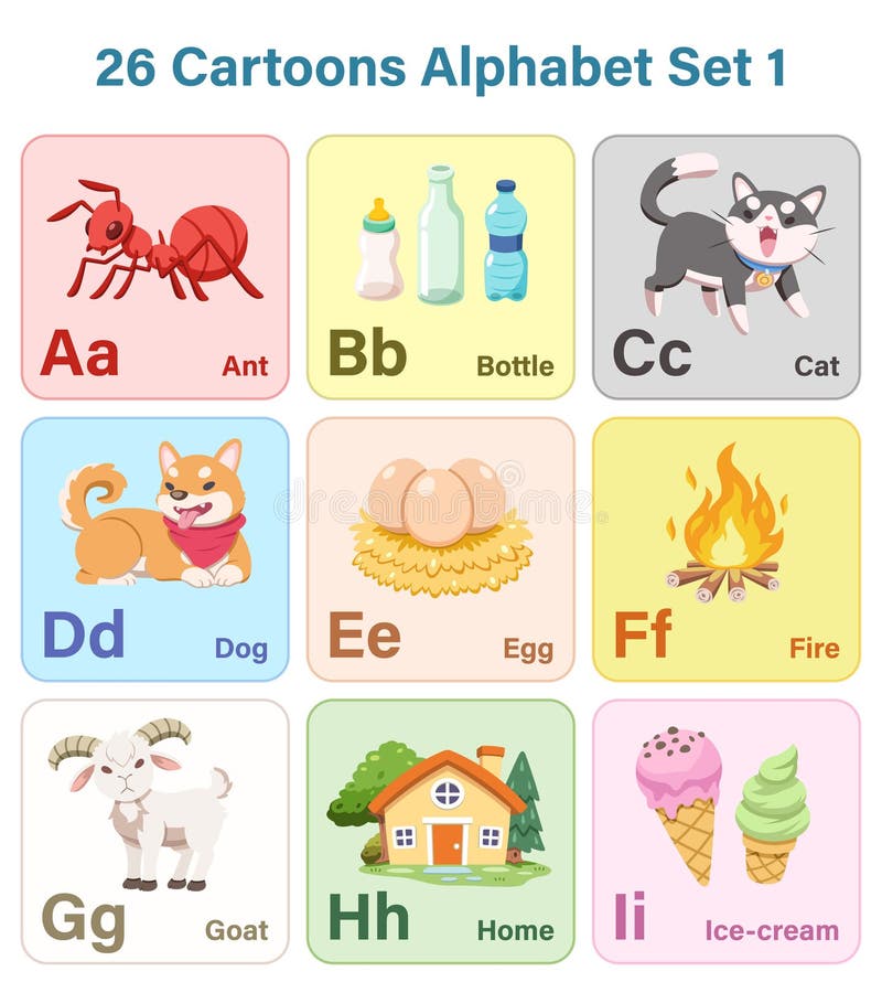 Cute English Simple Alphabet Set 1 Cartoon Vector Illustration Stock ...