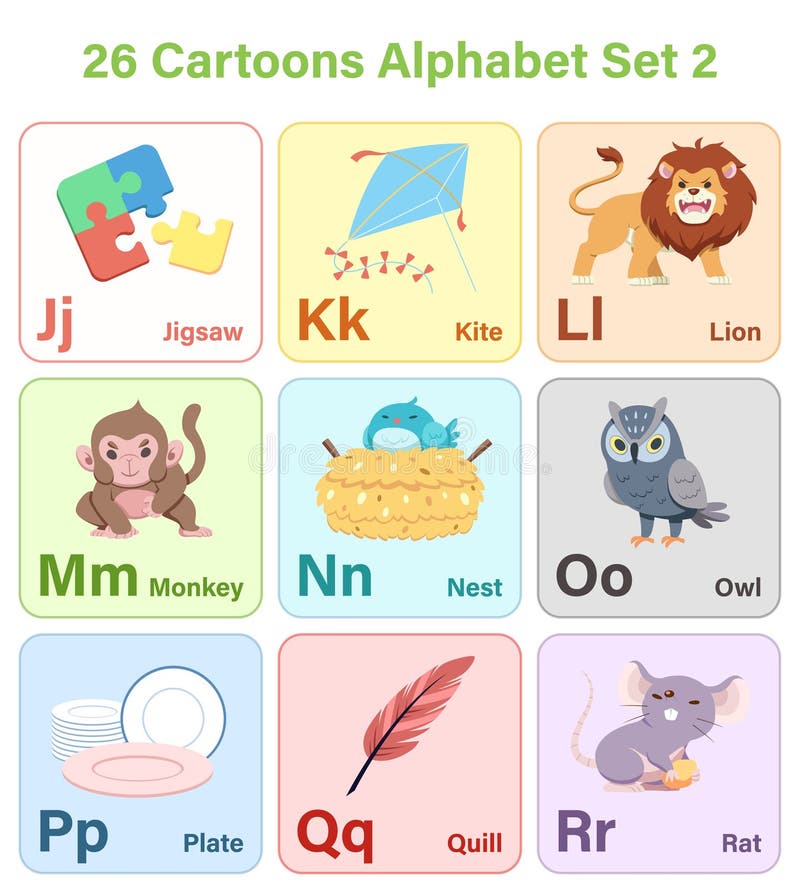 Cute English Simple Alphabet Set 2 Cartoon Vector Illustration Stock ...