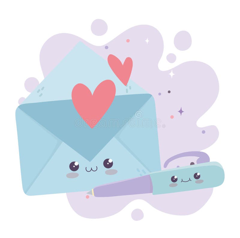 Cute Envelope Mail and Pen Love Kawaii Cartoon Character Stock Vector ...