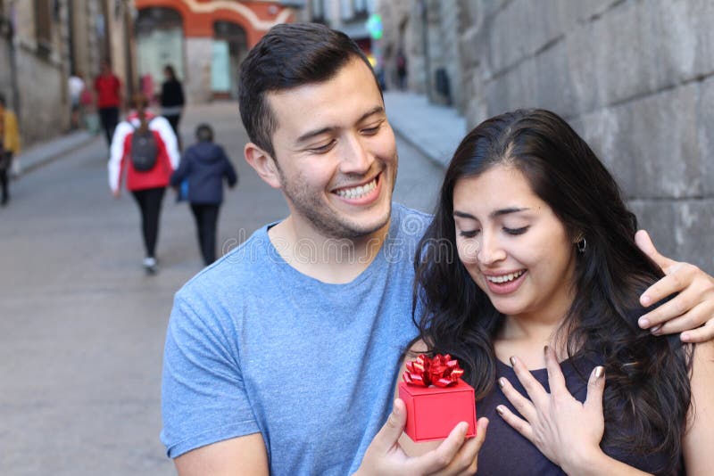 Cute Ethnic Man Proposing Outdoors Stock Photo - Image of couple ...