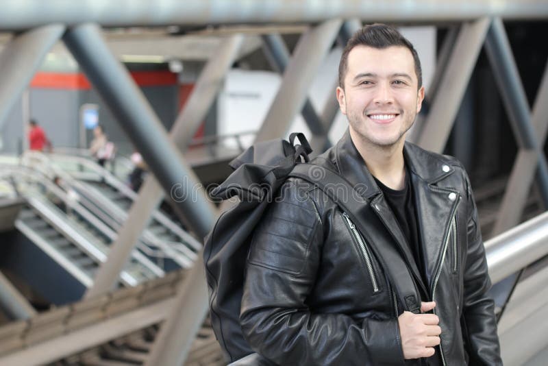 Cute Ethnic Man Wearing Leather Jacket Stock Image - Image of adult ...