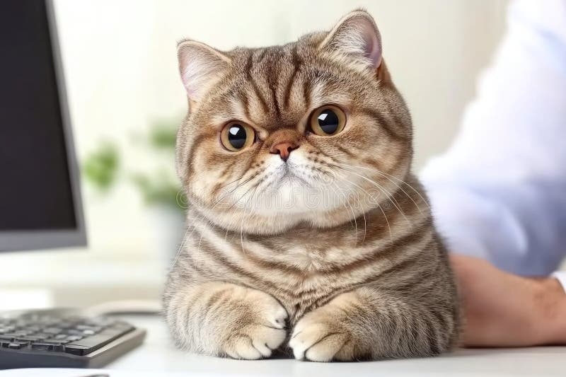 Cute Exotic Shorthair Cat Sitting at a Desk Near a Computer in an ...