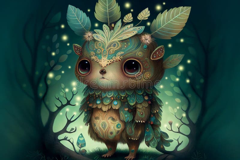 Cute Fabulous Forest Creature with Big Eyes in Forest. Illustration ...