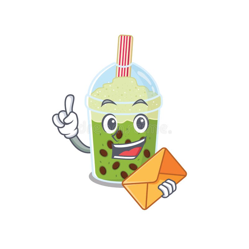 Cute Face Matcha Bubble Tea Mascot Design with Envelope Stock Vector ...