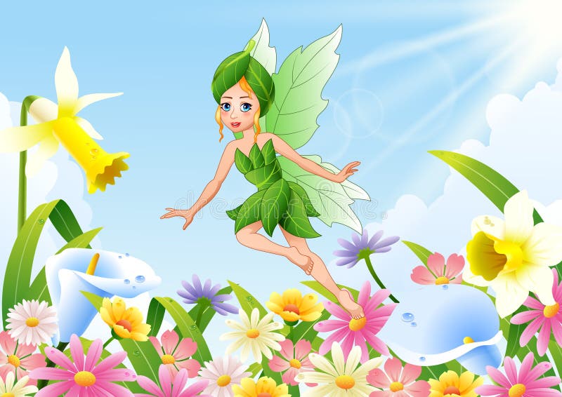 Cute Fairy Flying on Flower Field Stock Vector - Illustration of ...