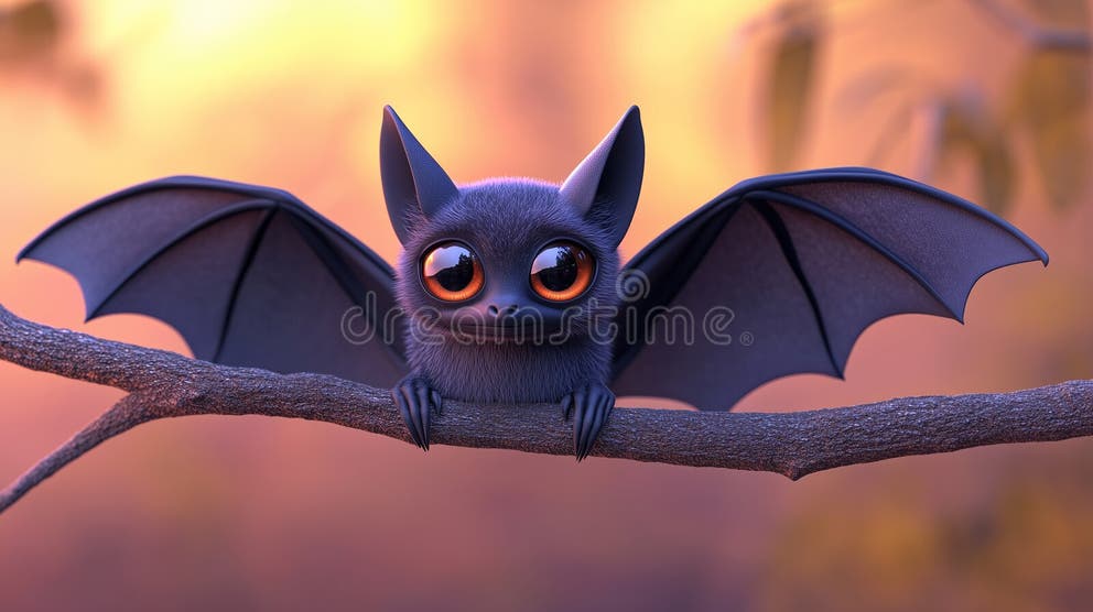 Cute Fantasy Bat Creature Perched on a Branch in Soft Sunlight Stock ...