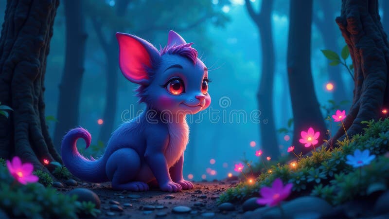 Cute Fantasy Creature in Enchanted Forest at Night Stock Illustration ...