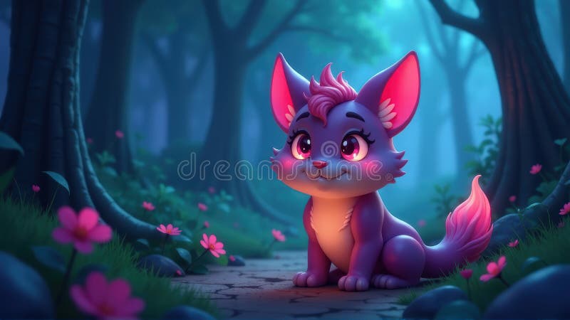 Cute Fantasy Kitten in Enchanted Forest Stock Illustration ...