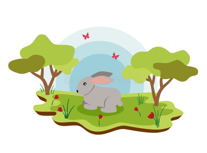 Cute Farm Animals Rabbit with Spring Landscape. Vector Cartoon ...