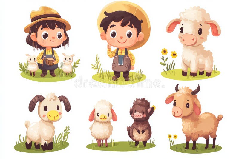 Cute Farm Character Illustration Featuring Children and Animals in ...