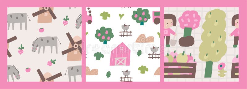 Cute Farm Theme Seamless Patterns Set Stock Vector - Illustration of ...