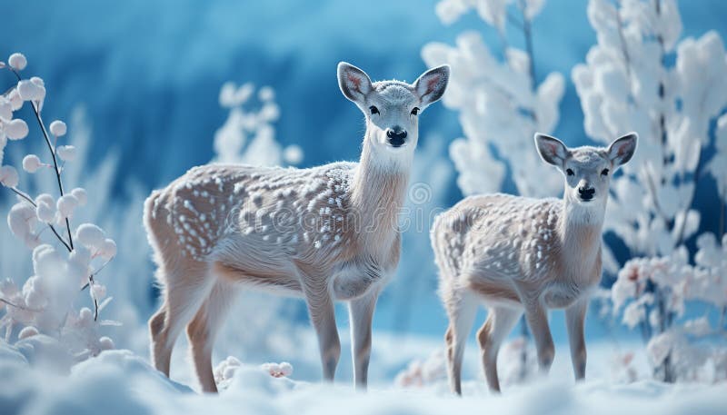 Cute Fawn Standing in Snow, Looking at Camera in Forest Generated by AI ...