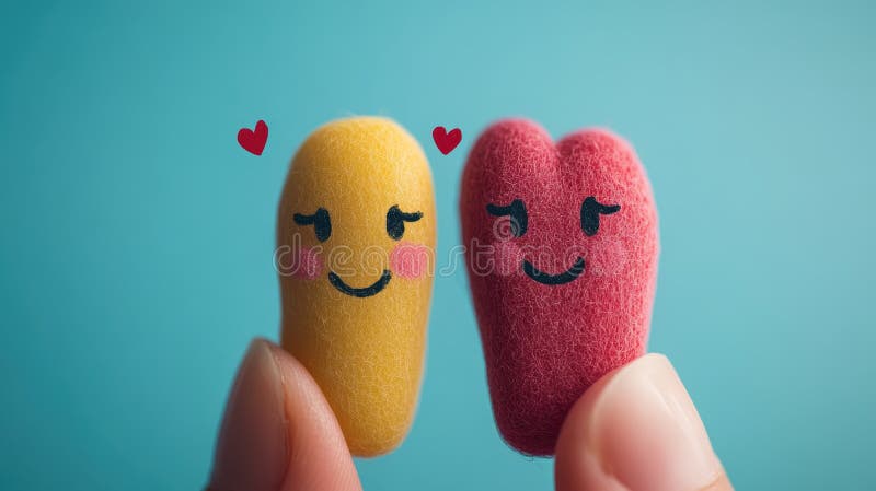 Cute Felt Characters with Smiling Faces and Hearts between Them Stock ...