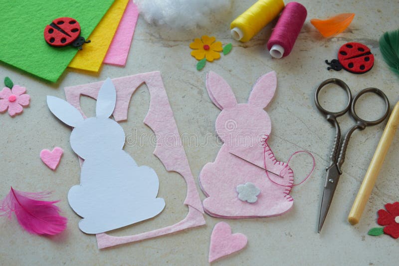 Cute Felt Rabbit Craft Project in Progress. Colorful Sewing Threads ...